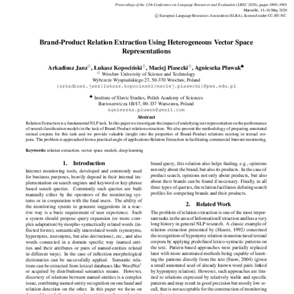 Brand-Product Relation Extraction Using Heterogeneous Vector Space Representations - ACL Anthology