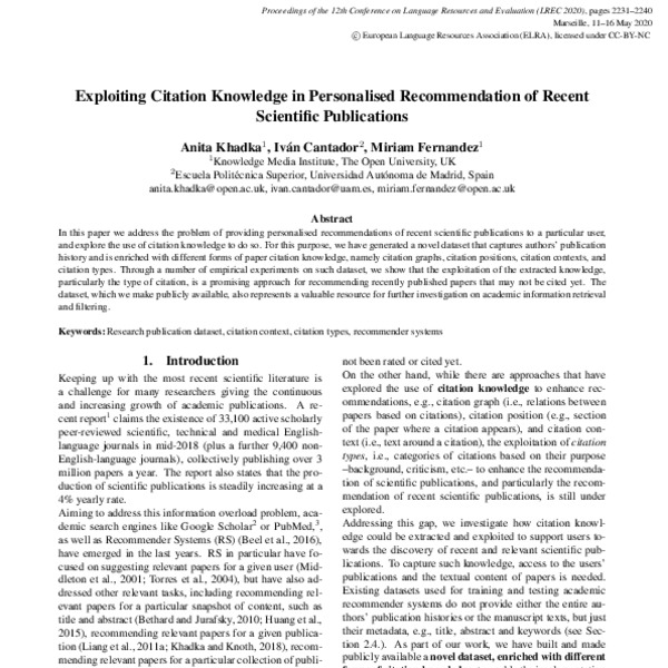 Exploiting Citation Knowledge in Personalised Recommendation of Recent ...