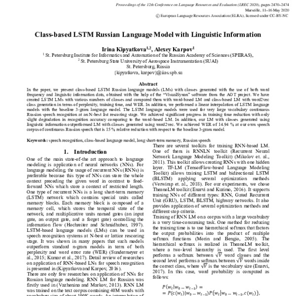 Class-based LSTM Russian Language Model with Linguistic Information - ACL Anthology