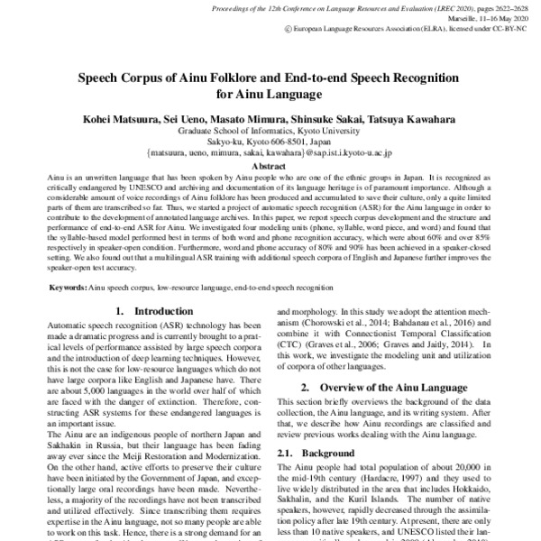 Speech Corpus of Ainu Folklore and End-to-end Speech Recognition for ...