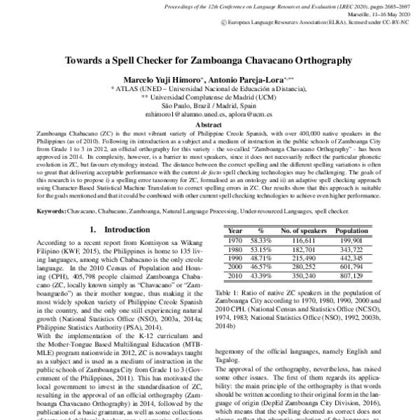 Towards a Spell Checker for Zamboanga Chavacano Orthography - ACL Anthology