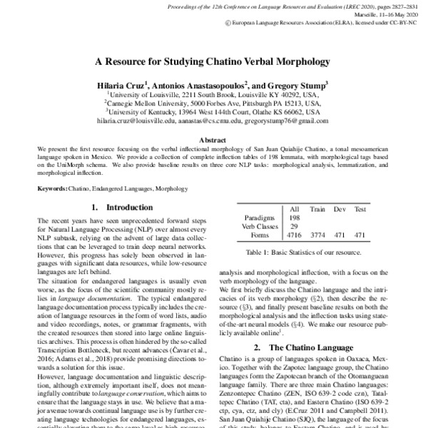A Resource for Studying Chatino Verbal Morphology - ACL Anthology