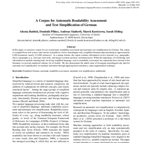 A Corpus for Automatic Readability Assessment and Text Simplification of German - ACL Anthology