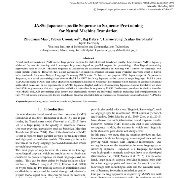 JASS: Japanese-specific Sequence to Sequence Pre-training for Neural Machine Translation - ACL ...