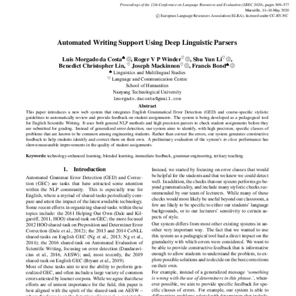 Automated Writing Support Using Deep Linguistic Parsers ACL Anthology