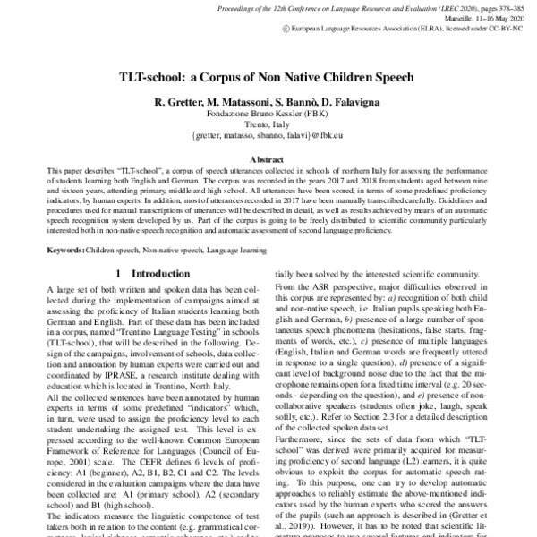 TLT-school: a Corpus of Non Native Children Speech - ACL Anthology