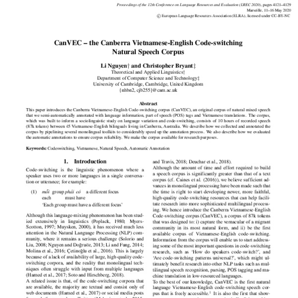 CanVEC – the Canberra Vietnamese-English Code-switching Natural Speech ...