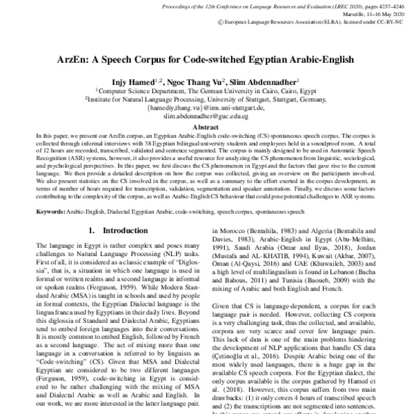 ArzEn: A Speech Corpus for Code-switched Egyptian Arabic-English - ACL Anthology