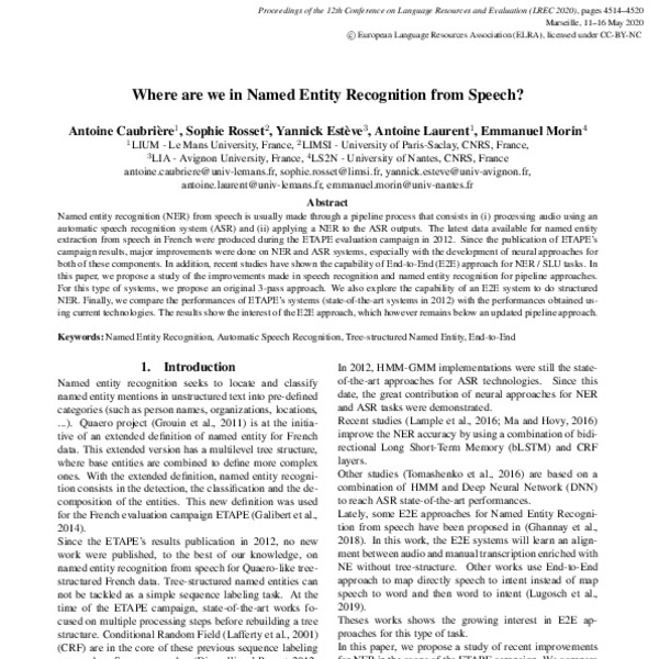 Where are we in Named Entity Recognition from Speech? - ACL Anthology