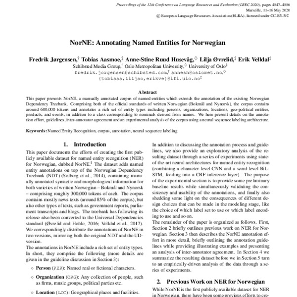 NorNE: Annotating Named Entities for Norwegian - ACL Anthology