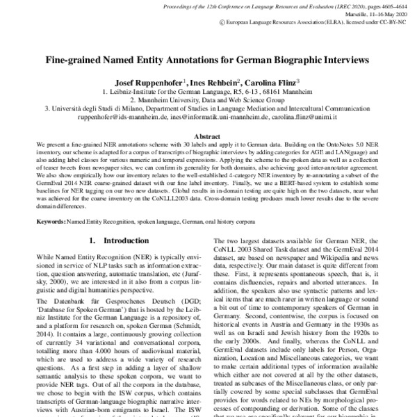 Fine-grained Named Entity Annotations for German Biographic Interviews - ACL Anthology