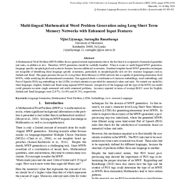 Multi lingual Mathematical Word Problem Generation Using Long Short Multi lingual Mathematical Word Problem Generation Using Long Short