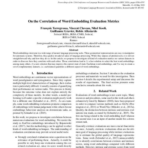 On the Correlation of Word Embedding Evaluation Metrics - ACL Anthology