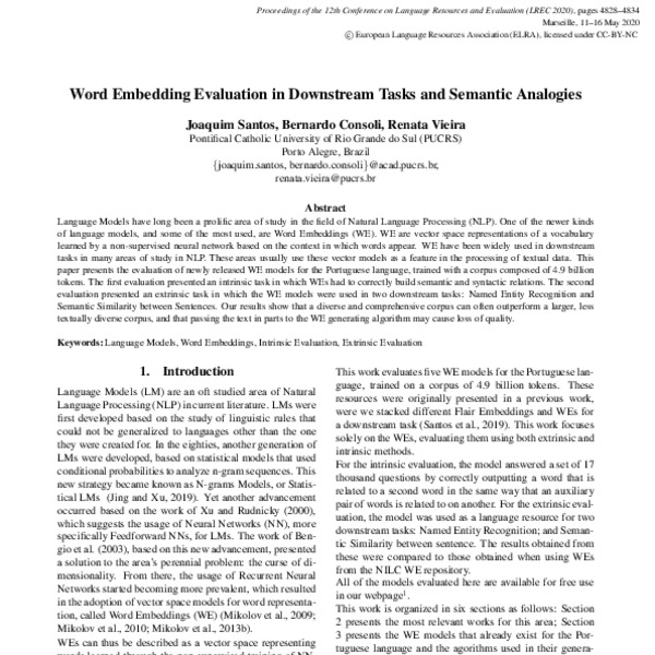 Word Embedding Evaluation in Downstream Tasks and Semantic Analogies - ACL Anthology