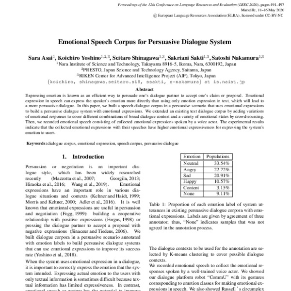 Emotional Speech Corpus for Persuasive Dialogue System - ACL Anthology