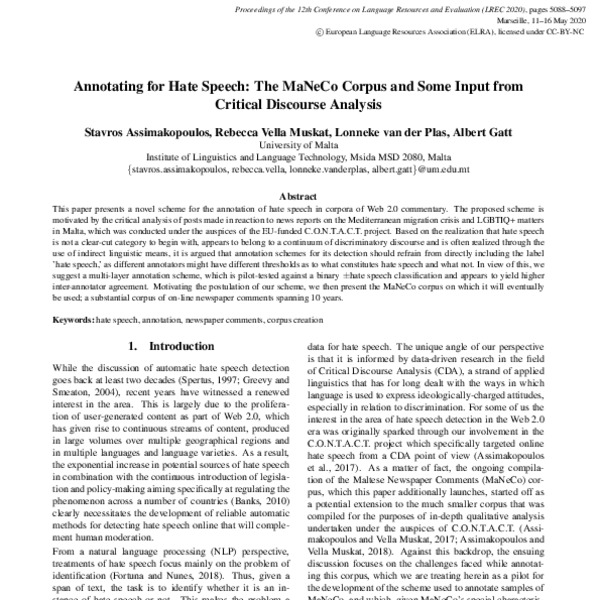 Annotating for Hate Speech: The MaNeCo Corpus and Some Input from Critical Discourse Analysis ...
