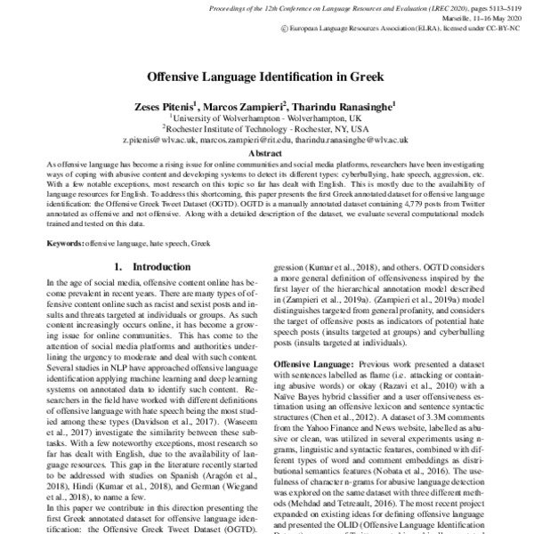 Offensive Language Identification in Greek - ACL Anthology