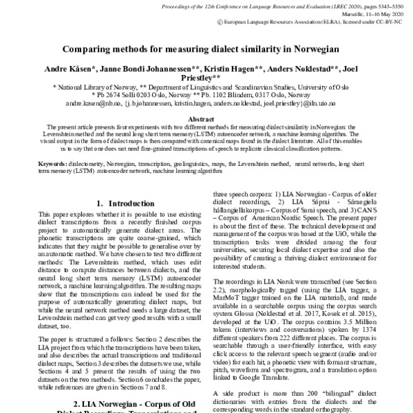 Comparing Methods for Measuring Dialect Similarity in Norwegian - ACL Anthology