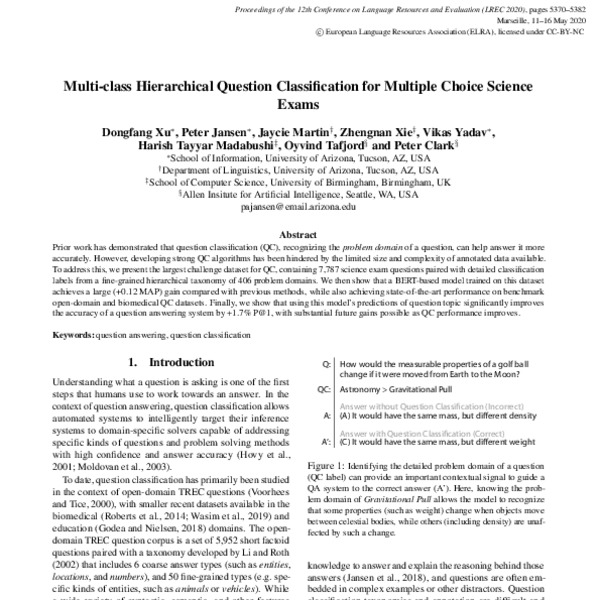 Multi-class Hierarchical Question Classification for Multiple Choice Science Exams - ACL Anthology
