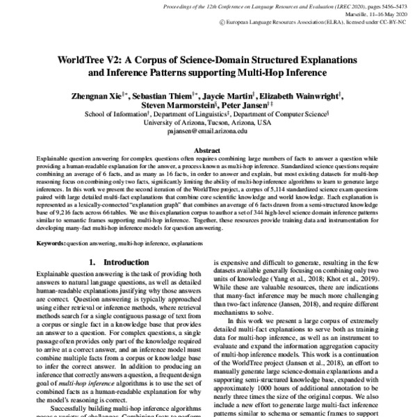 WorldTree V2: A Corpus of Science-Domain Structured Explanations and Inference Patterns ...