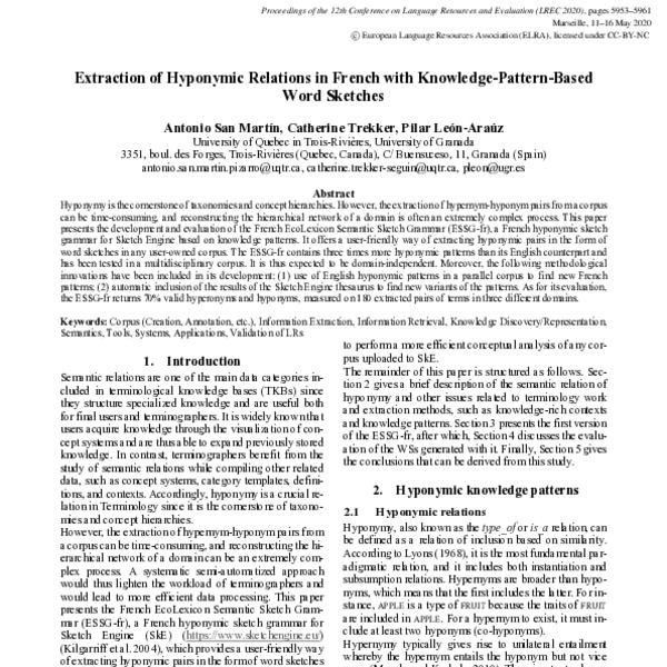 Extraction of Hyponymic Relations in French with Knowledge-Pattern-Based Word Sketches - ACL ...