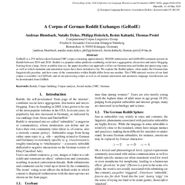 A Corpus of German Reddit Exchanges (GeRedE) - ACL Anthology
