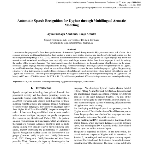 Automatic Speech Recognition for Uyghur through Multilingual Acoustic Modeling - ACL Anthology