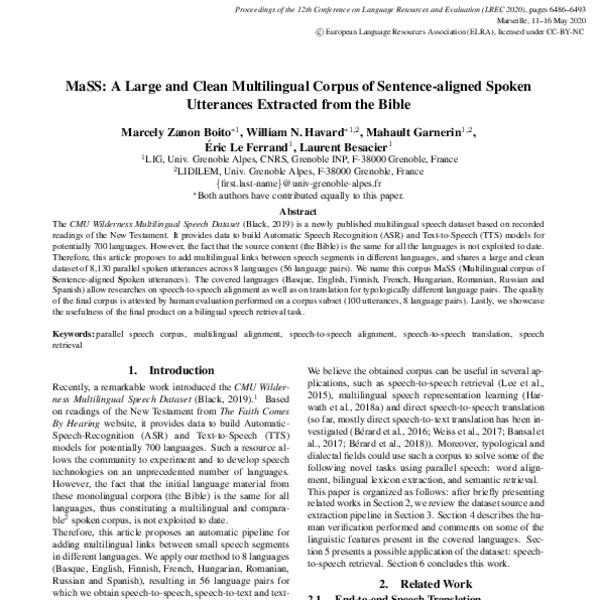 MaSS: A Large and Clean Multilingual Corpus of Sentence-aligned Spoken ...