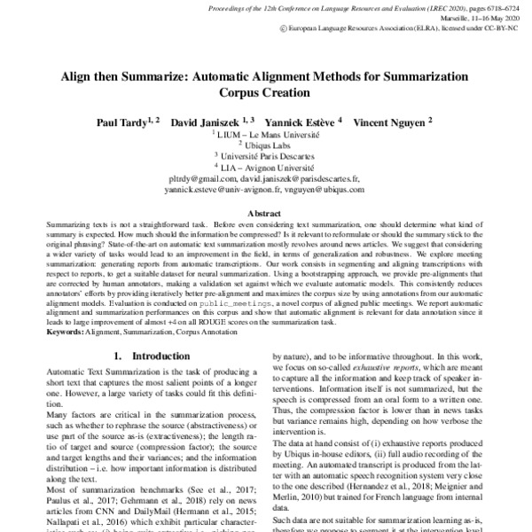 Align then Summarize: Automatic Alignment Methods for Summarization Corpus Creation - ACL Anthology