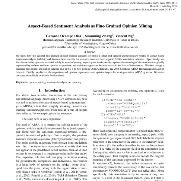 Aspect-Based Sentiment Analysis as Fine-Grained Opinion Mining - ACL Anthology