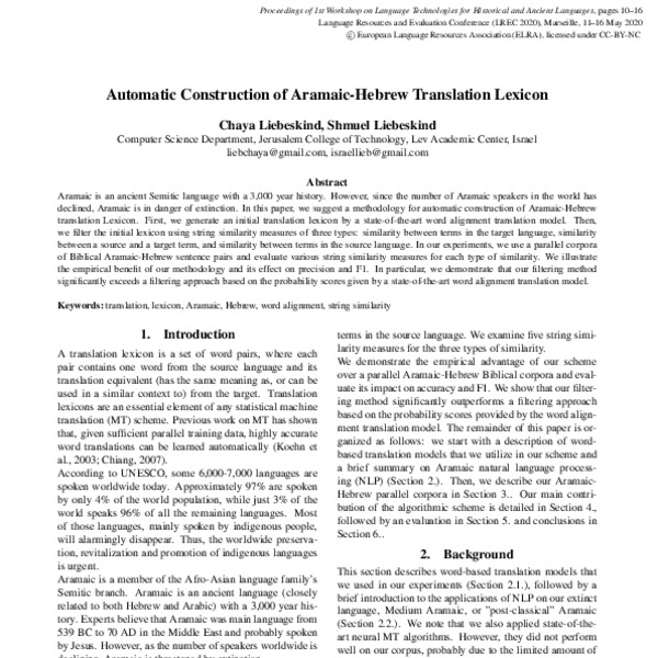 Automatic Construction of Aramaic-Hebrew Translation Lexicon - ACL ...