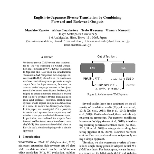English-to-Japanese Diverse Translation by Combining Forward and ...