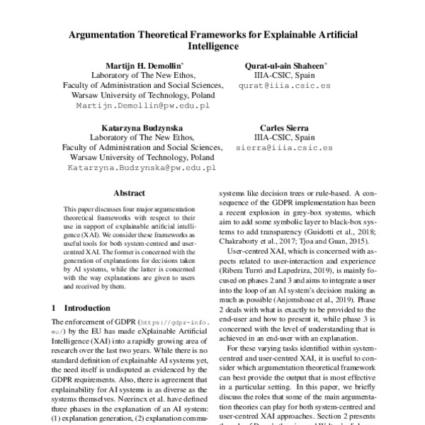Argumentation Theoretical Frameworks for Explainable Artificial ...