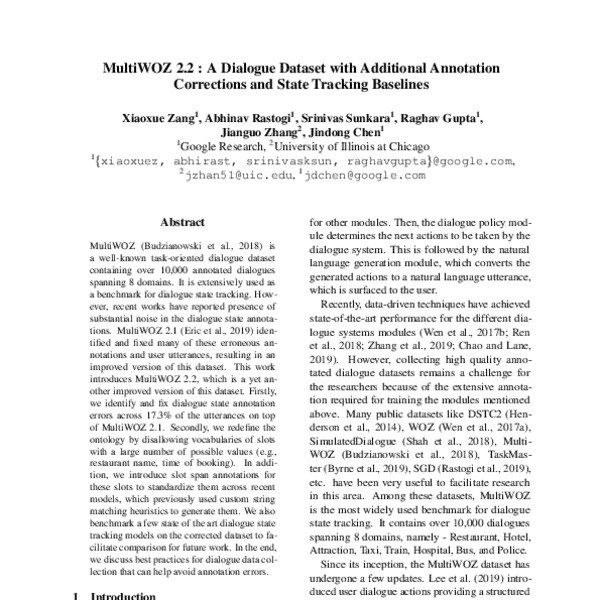 MultiWOZ 2.2 : A Dialogue Dataset with Additional Annotation Corrections and State Tracking ...
