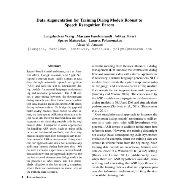 Data Augmentation For Training Dialog Models Robust To Speech Recognition Errors Acl Anthology