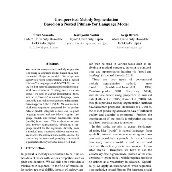 Unsupervised Melody Segmentation Based on a Nested Pitman-Yor Language Model - ACL Anthology