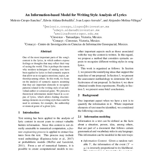An Information-based Model for Writing Style Analysis of Lyrics - ACL ...