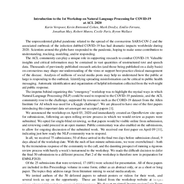 Proceedings of the 1st Workshop on NLP for COVID-19 at ACL 2020 - ACL Anthology