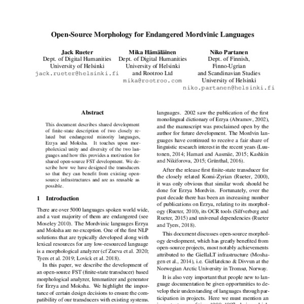 Open-Source Morphology for Endangered Mordvinic Languages - ACL Anthology