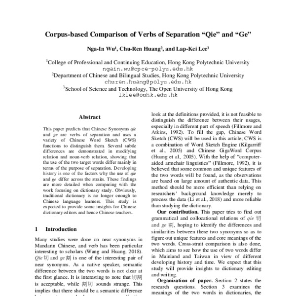 Corpus-based Comparison of Verbs of Separation “Qie” and “Ge” - ACL ...