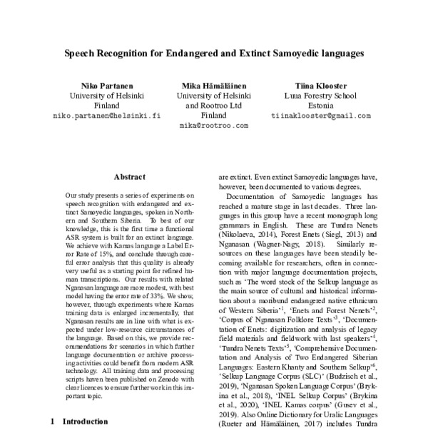 Speech Recognition for Endangered and Extinct Samoyedic languages - ACL ...