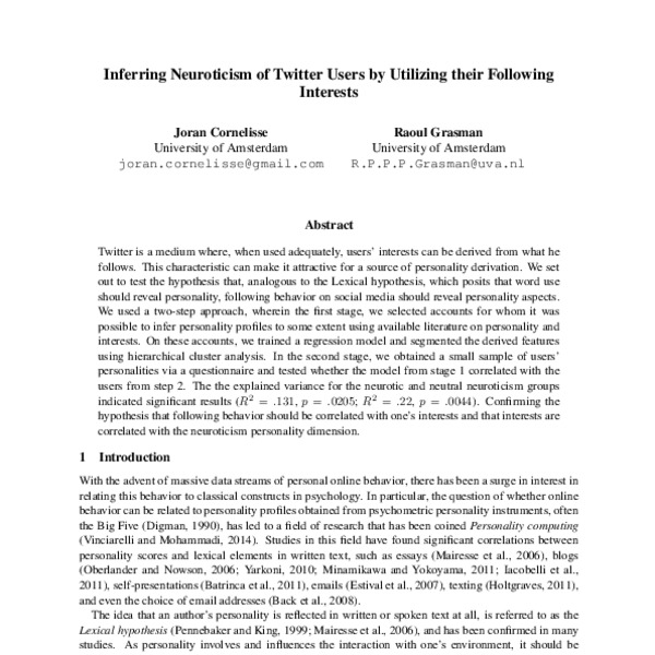 Inferring Neuroticism of Twitter Users by Utilizing their Following Interests - ACL Anthology