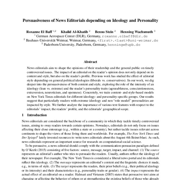 Persuasiveness of News Editorials depending on Ideology and Personality ...