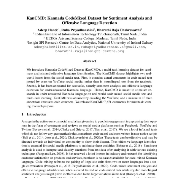 KanCMD: Kannada CodeMixed Dataset for Sentiment Analysis and Offensive Language Detection - ACL ...
