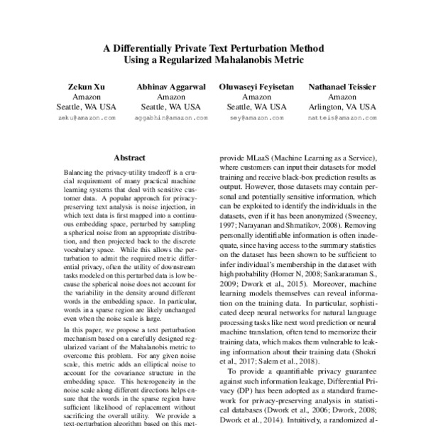 A Differentially Private Text Perturbation Method Using Regularized Mahalanobis Metric - ACL ...
