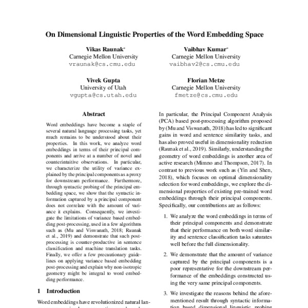 On Dimensional Linguistic Properties of the Word Embedding Space - ACL ...