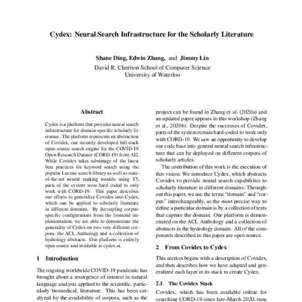 Cydex: Neural Search Infrastructure for the Scholarly Literature - ACL ...