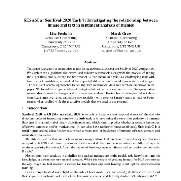 SESAM at SemEval-2020 Task 8: Investigating the Relationship between Image and Text in Sentiment ...