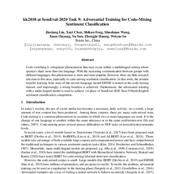 Kk2018 at SemEval-2020 Task 9: Adversarial Training for Code-Mixing Sentiment Classification ...
