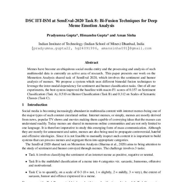 DSC IIT-ISM at SemEval-2020 Task 8: Bi-Fusion Techniques for Deep Meme Emotion Analysis - ACL ...
